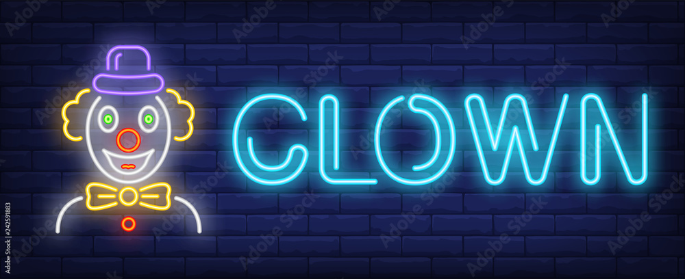 Clown neon text with cheerful clown. Circus performance advertisement ...