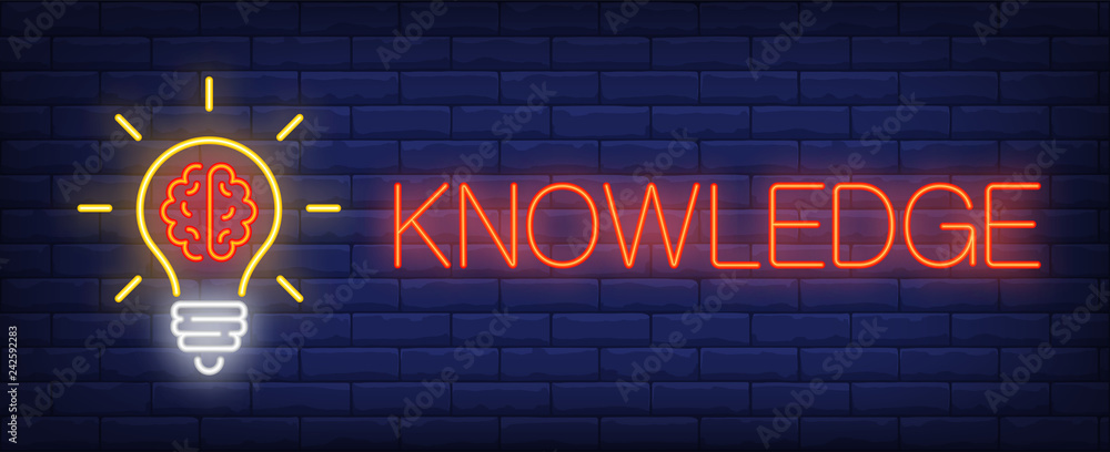 Knowledge neon text and light bulb with brain. Education concept design ...