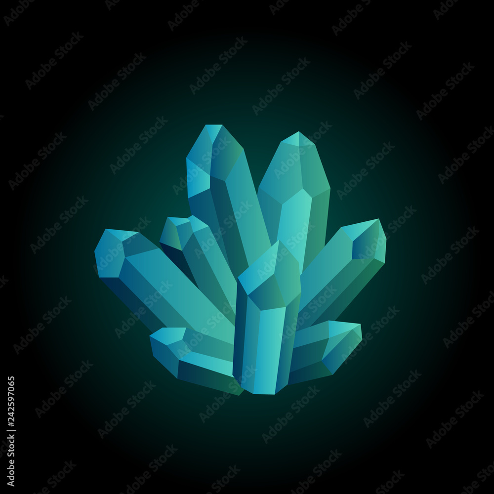 Emerald, teal, blue magic glowing crystal, gemstone, gem. Vector gui ...
