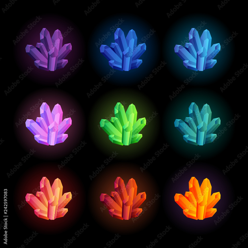 Set of 9 different colored glowing crystals, gemstones, gems. Vector ...