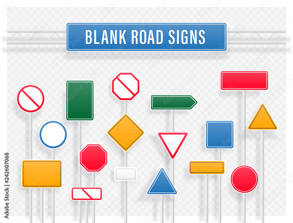 Set of various multicolored shaped road signs on transparent background ...