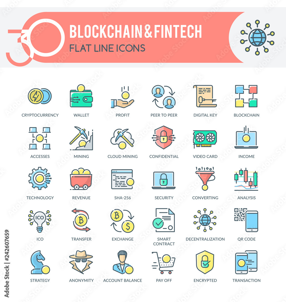 Blockchain and Fintech Icons Stock Vector | Adobe Stock