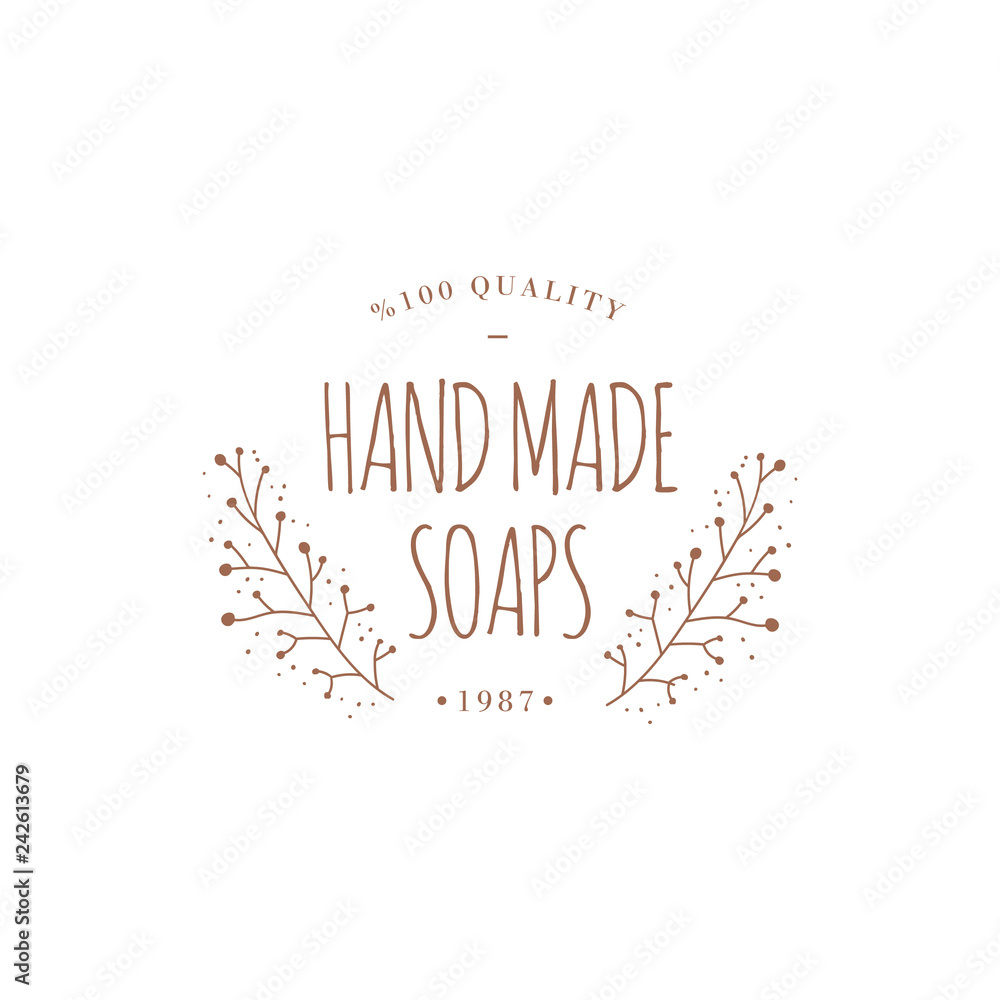 Handmade soaps hand drawn logo design. Vector sign lettering. Logotype ...