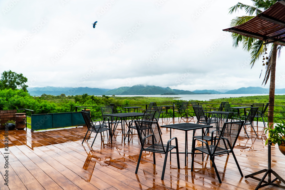 Varanda with a view of mountainous range and the lake of the reservoir ...