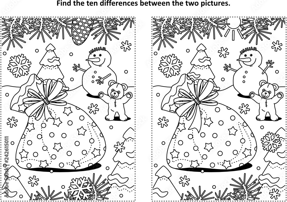 Winter holidays themed find the ten differences picture puzzle and ...
