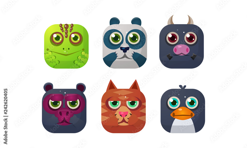 Cute animals set, square app icons, assets for GUI, web design ...