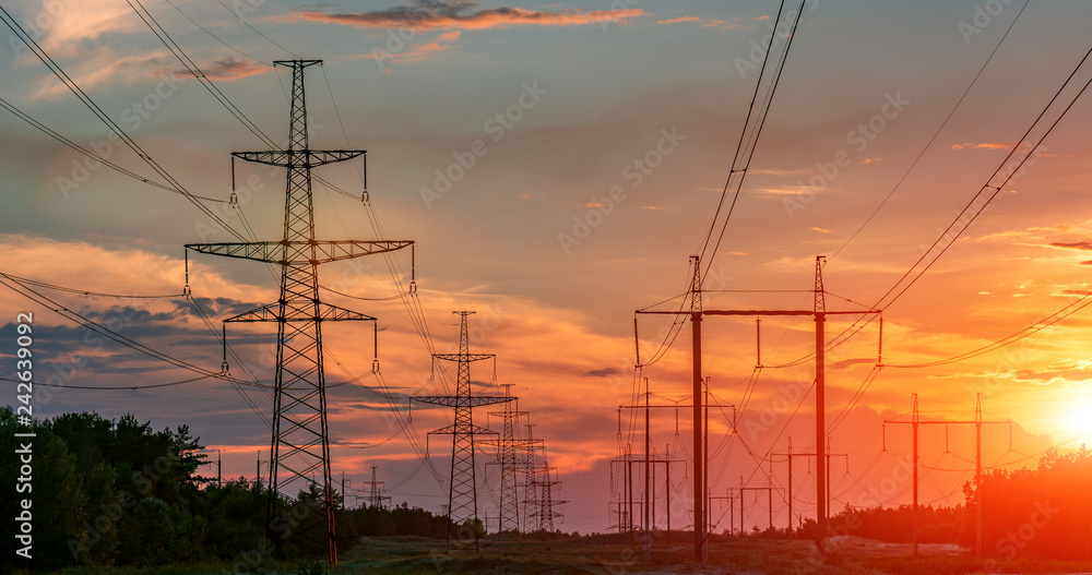 High-voltage power lines. Electricity distribution station. high ...