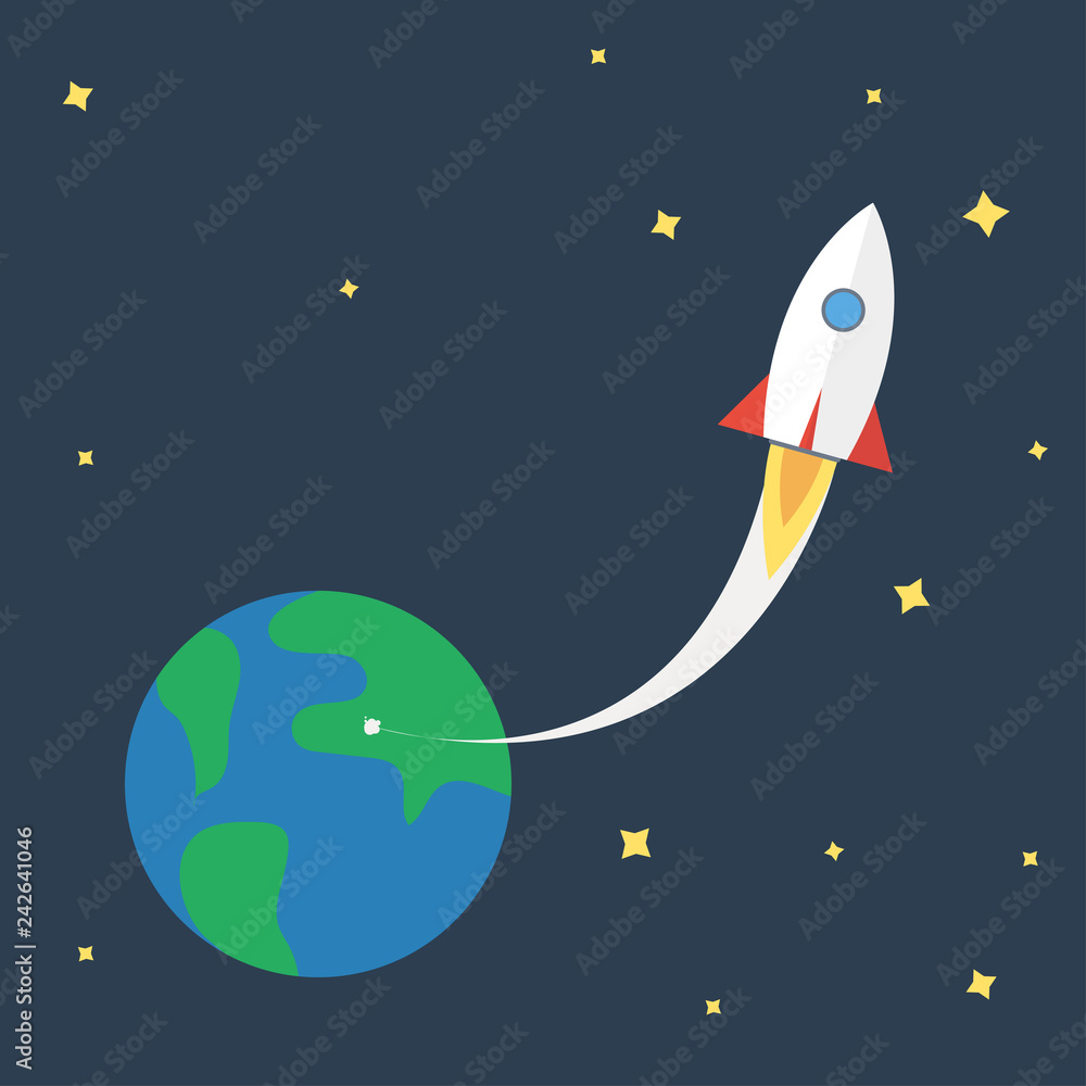 Vector illustration of a Rocket flying from planet earth into space ...