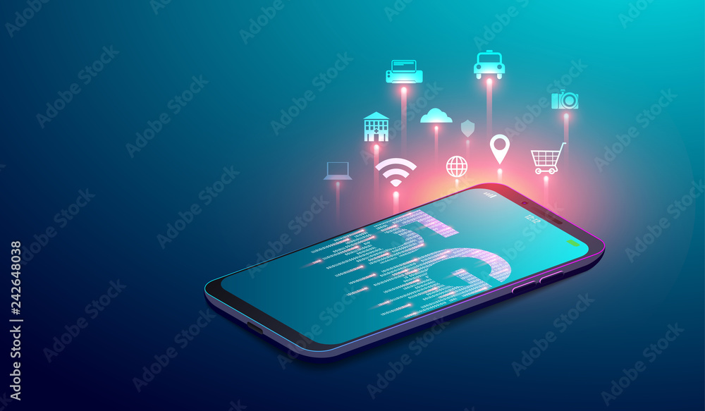 5G network wireless systems, smart city and internet of things concept ...