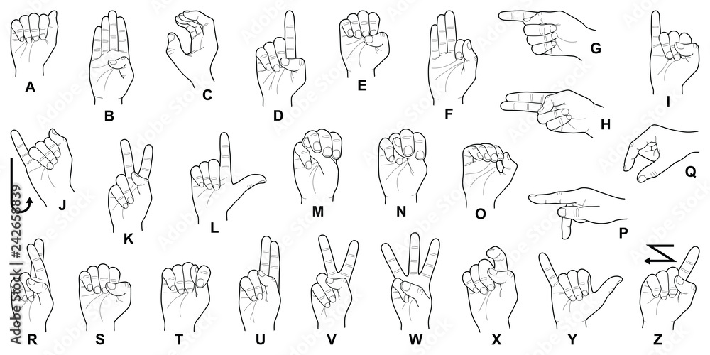 Hand sign language alphabet collection - vector line illustration Stock ...