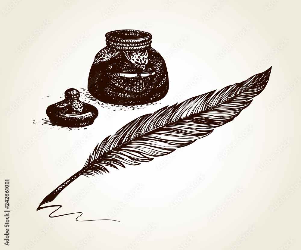 Vector freehand drawing of ancient pen and inkwell Stock Vector | Adobe ...