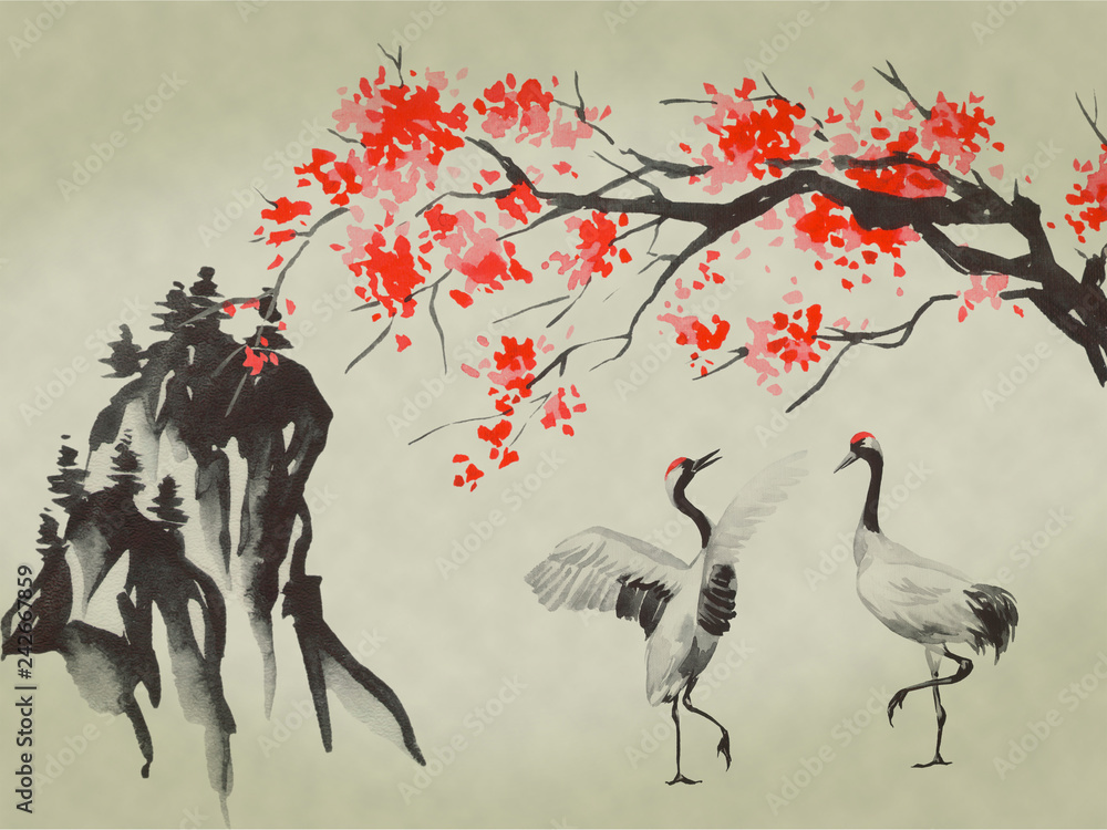 Japan traditional sumi-e painting. Watercolor and ink illustration in ...