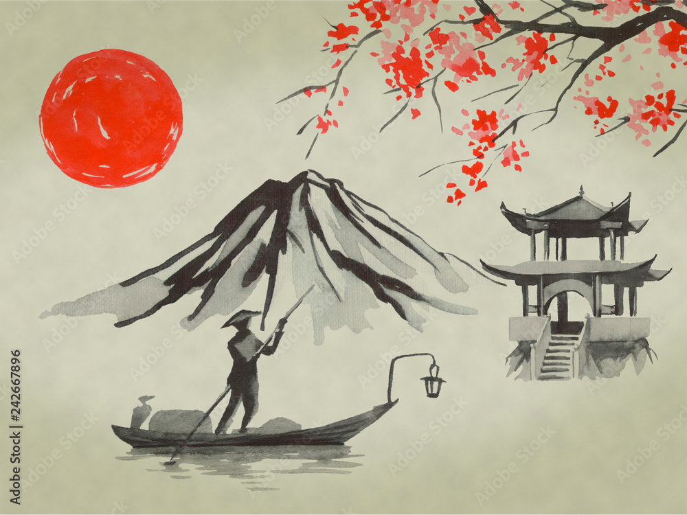 Japan traditional sumi-e painting. Watercolor and ink illustration in ...