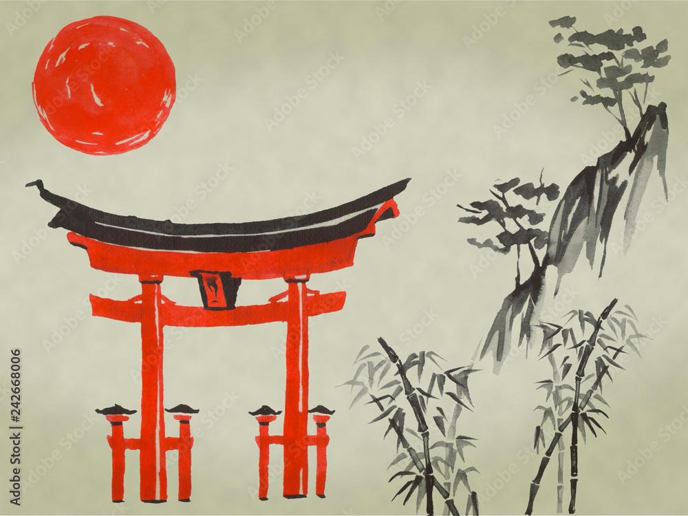 Japan traditional sumi-e painting. Watercolor and ink illustration in ...