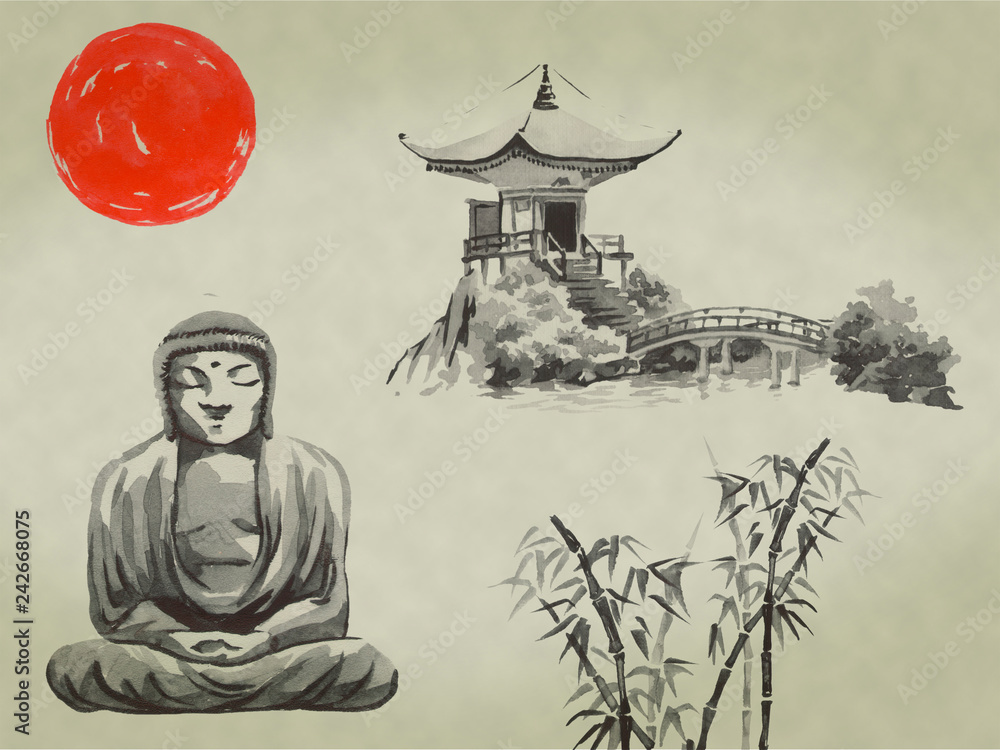 Japan traditional sumi-e painting. Watercolor and ink illustration in ...