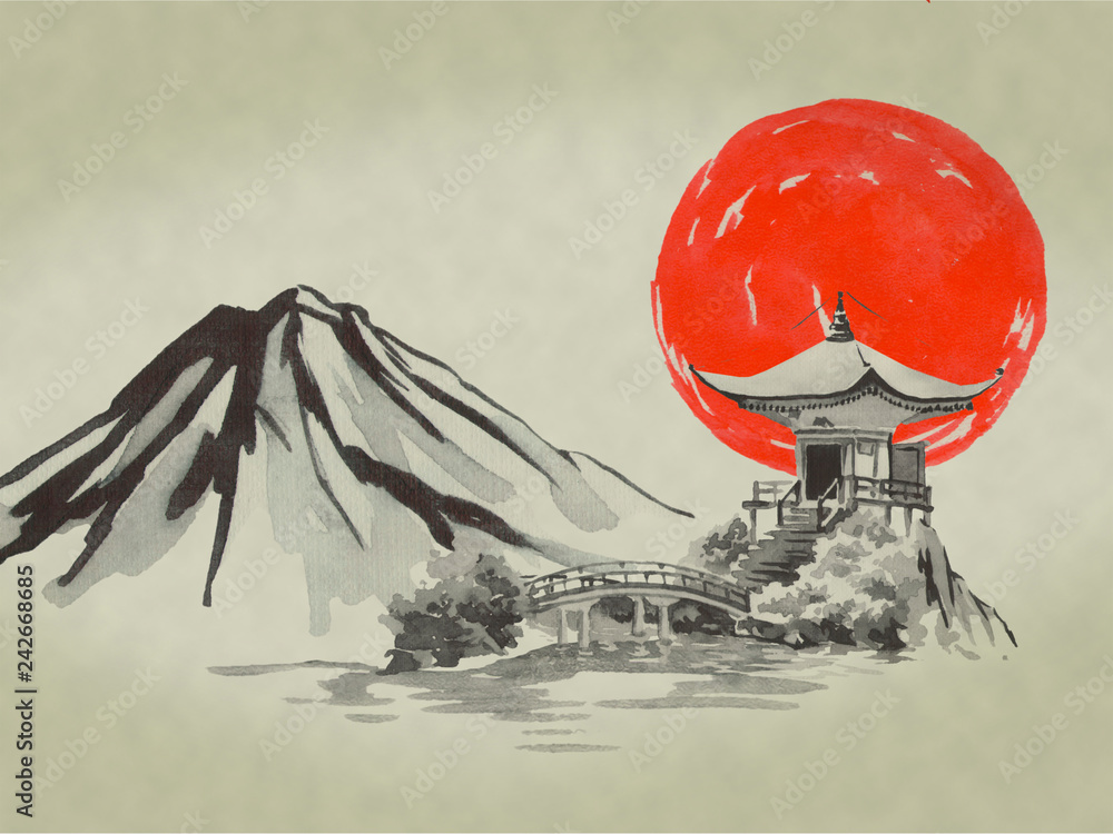 Japan traditional sumi-e painting. Watercolor and ink illustration in ...