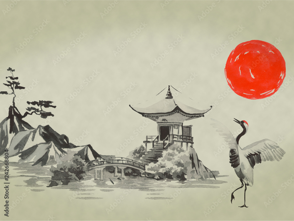 Japan traditional sumi-e painting. Watercolor and ink illustration in ...