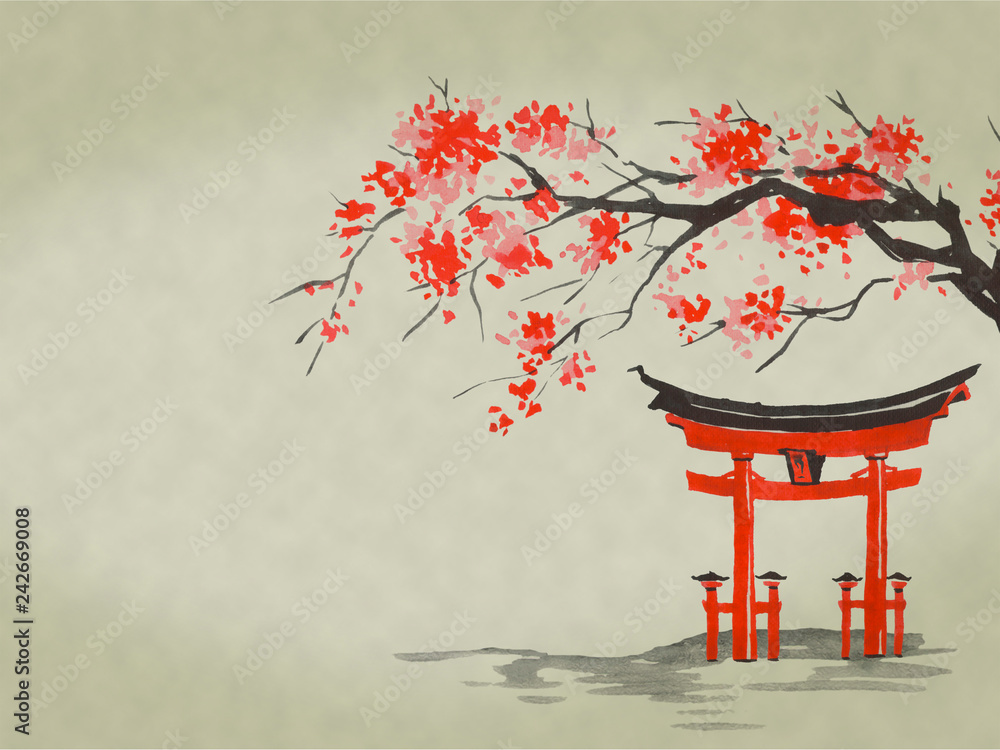 Japan traditional sumi-e painting. Watercolor and ink illustration in ...