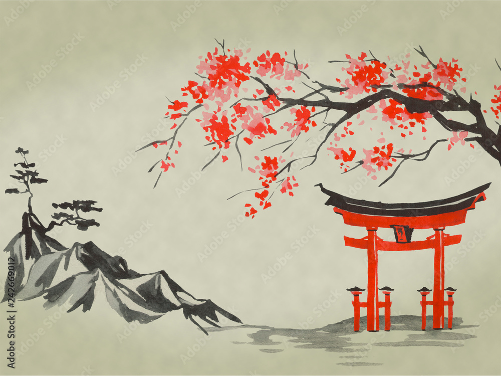 Japan traditional sumi-e painting. Watercolor and ink illustration in ...