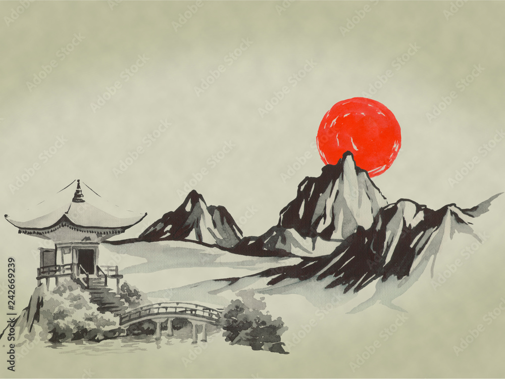 Japan traditional sumi-e painting. Watercolor and ink illustration in ...