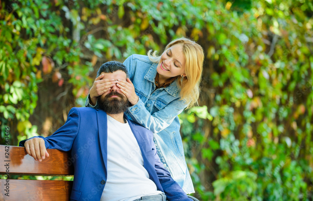 Romantic concept. Man wait girlfriend. Park best place for romantic ...