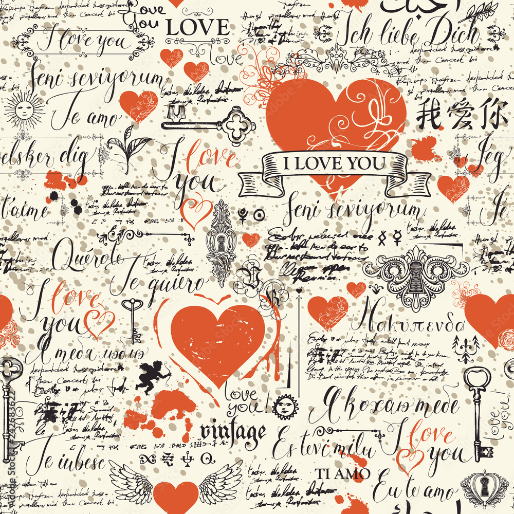 Vector seamless background with hearts, keys, keyholes and love theme ...