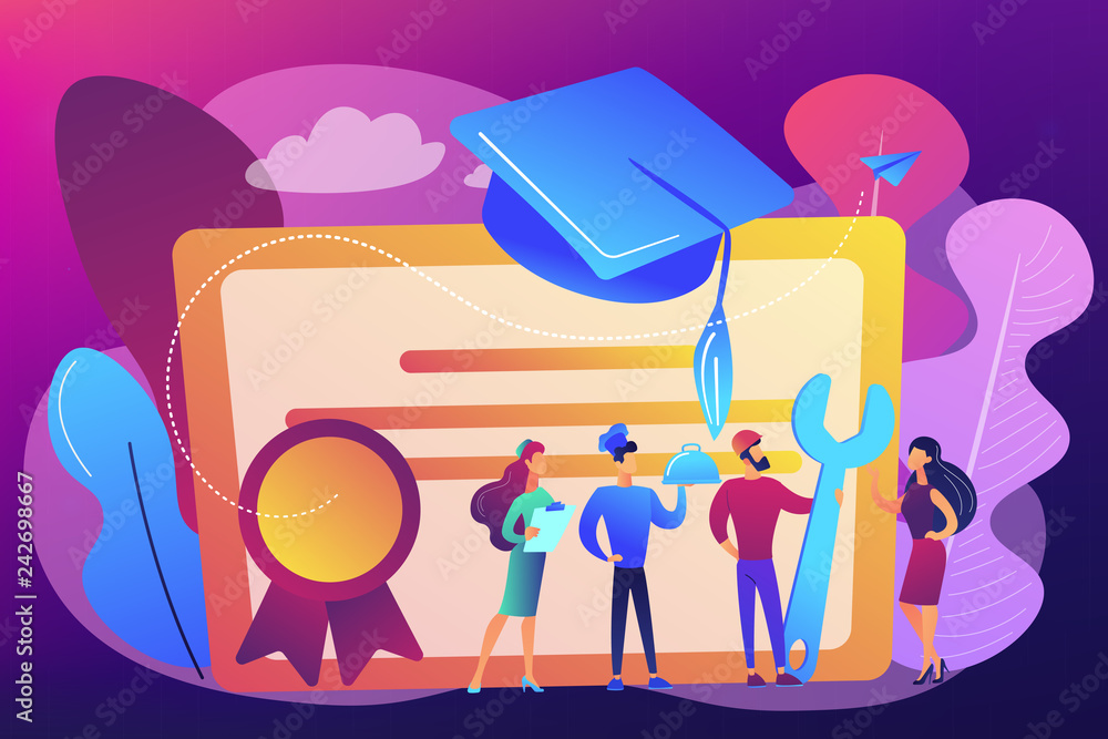 Vocational specialists graduating and diploma with graduation cap ...