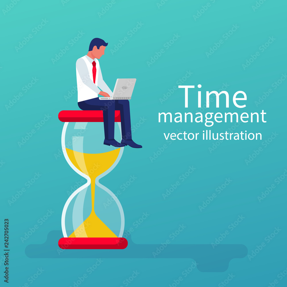 Time management control. Vector illustration flat design. Isolated on background. Businessman ...
