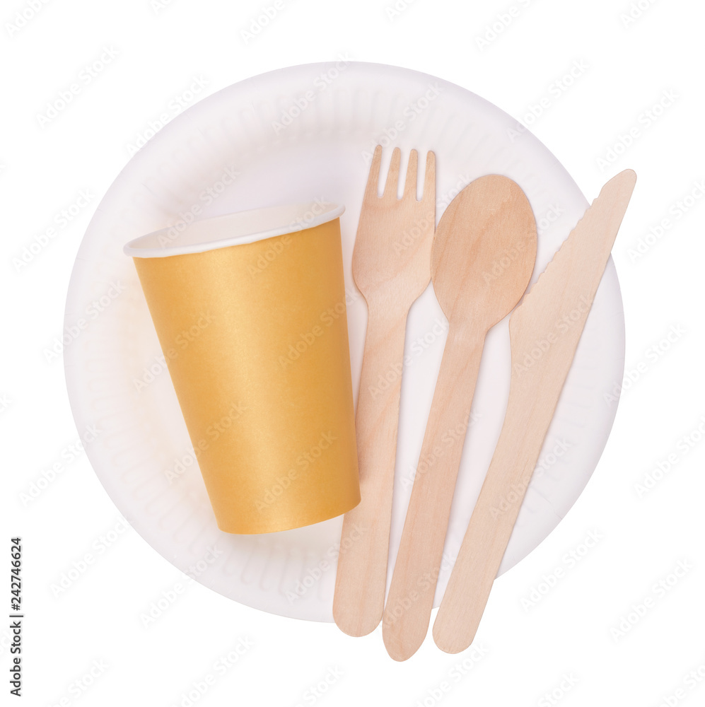 Disposable paper plate and cup and wooden cutlery isolated on white ...
