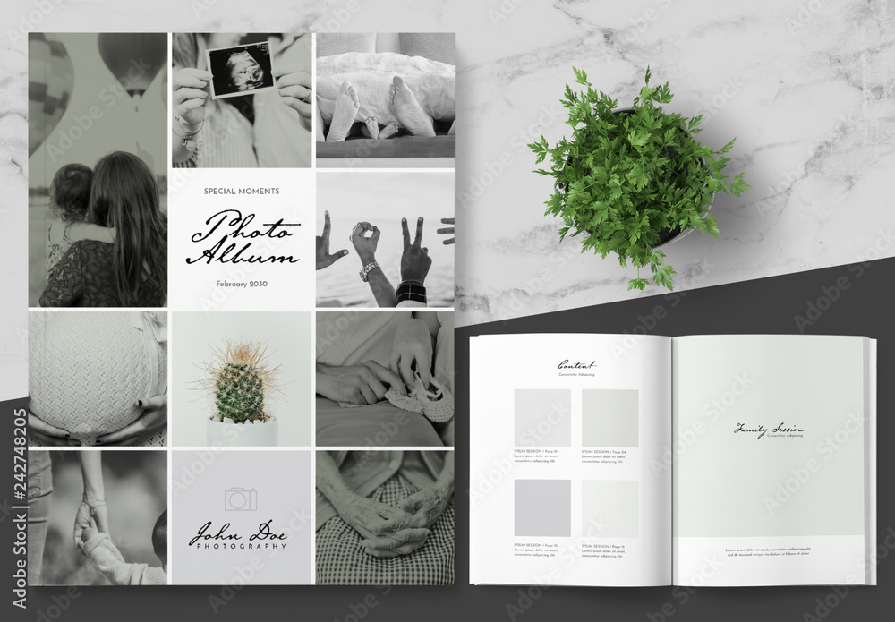 Photo Album Layout with Green Accents Stock Template | Adobe Stock
