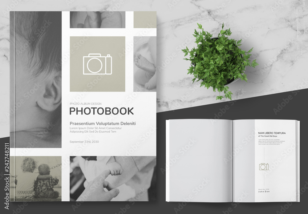 Photo Album Layout with Grey Accents Stock Template | Adobe Stock
