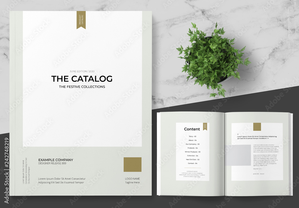 Holiday Catalog Layout with Gold Accents Stock Template | Adobe Stock