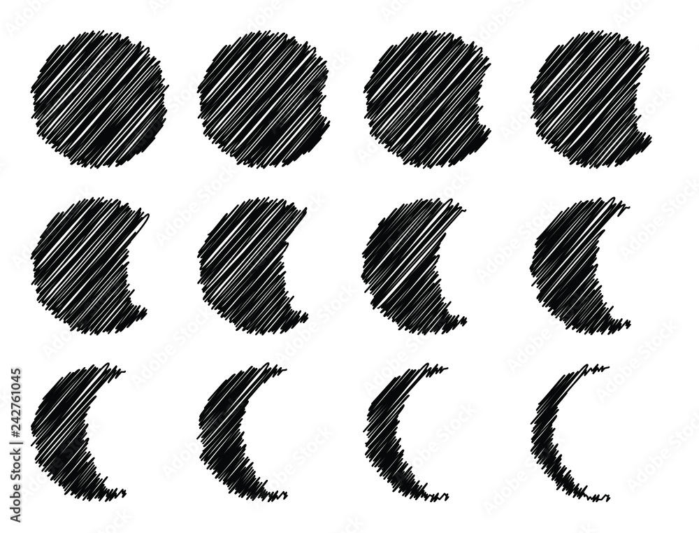 Scribbled style circle and eclipse set with stages of moon shapes in ...