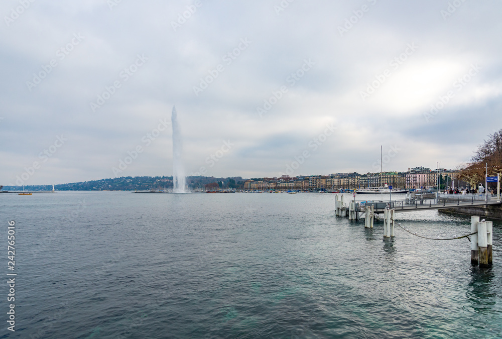 Outdoor scenery of THE JET D'EAU, famous water jet fountain on Geneva ...