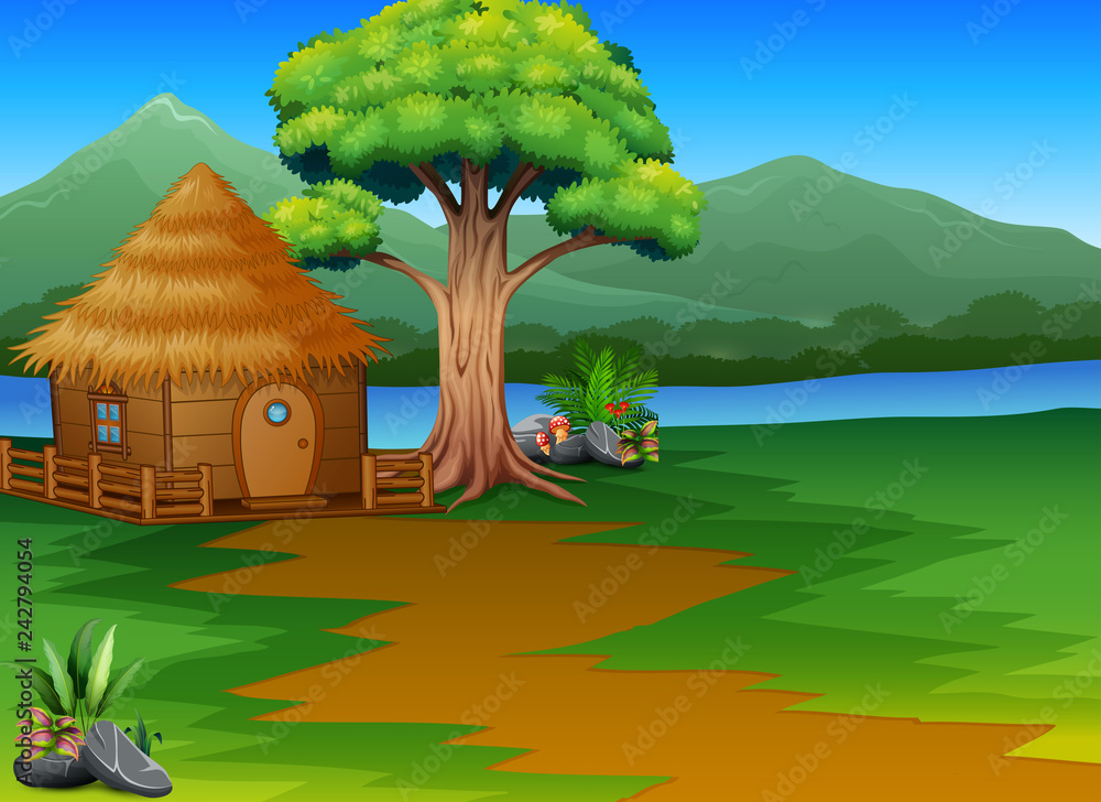 Cartoon woods cabin by the river with mountains landscape background ...
