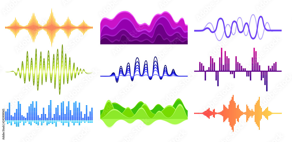 Vector set of different music waves. Sound pulse. Digital waveforms ...