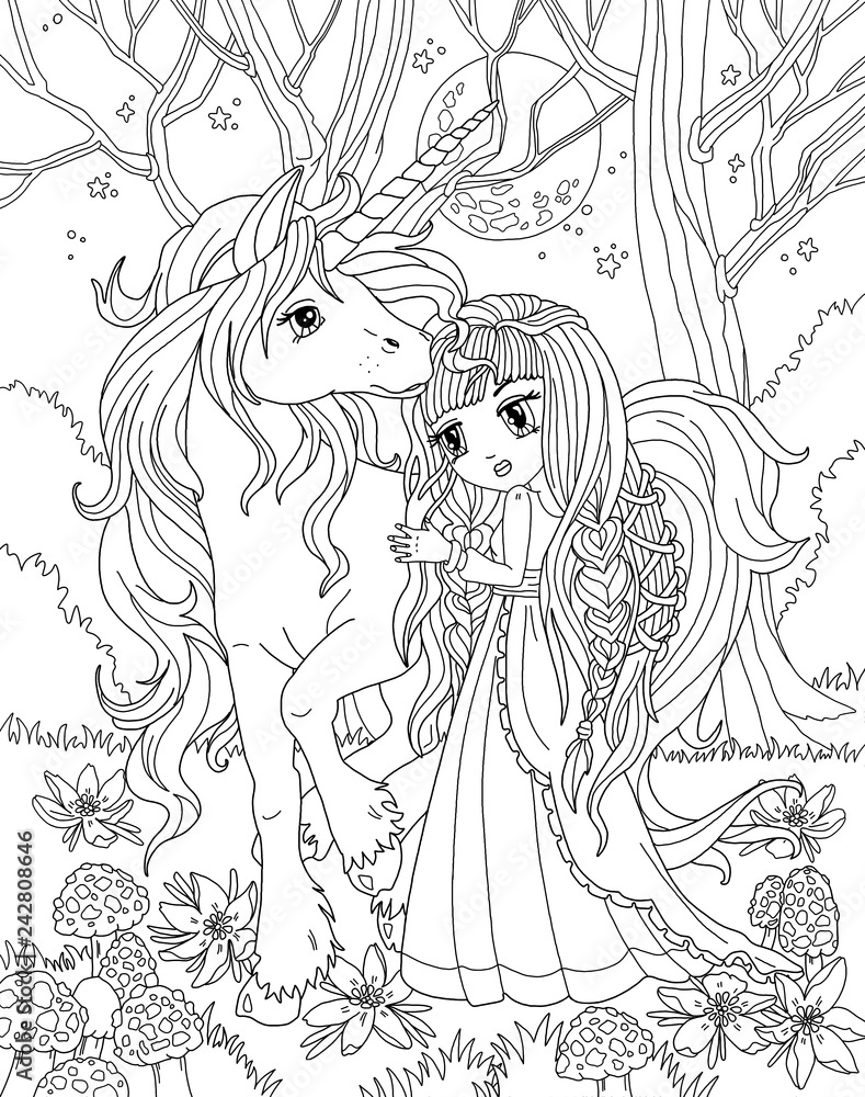 Coloring page The Fairy and Unicorn Stock Illustration | Adobe Stock
