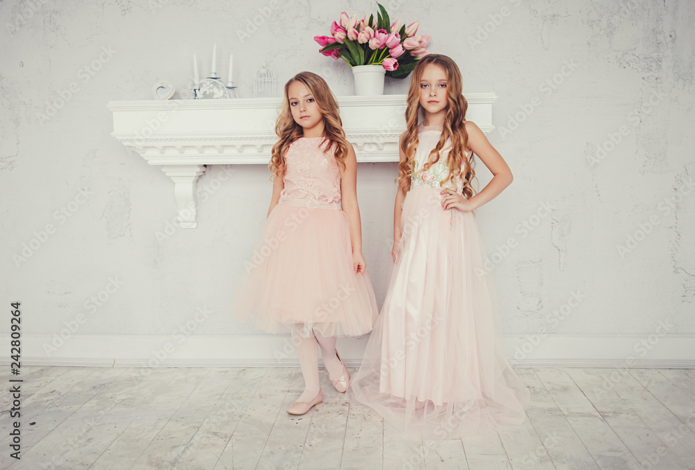 Best Friends Two Cute Little Girls In Dress Posing On Background