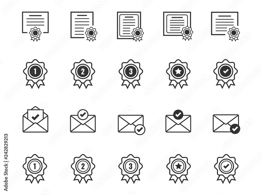 Set of Certificate and Award medal icons. Accepted approve and Confirm ...