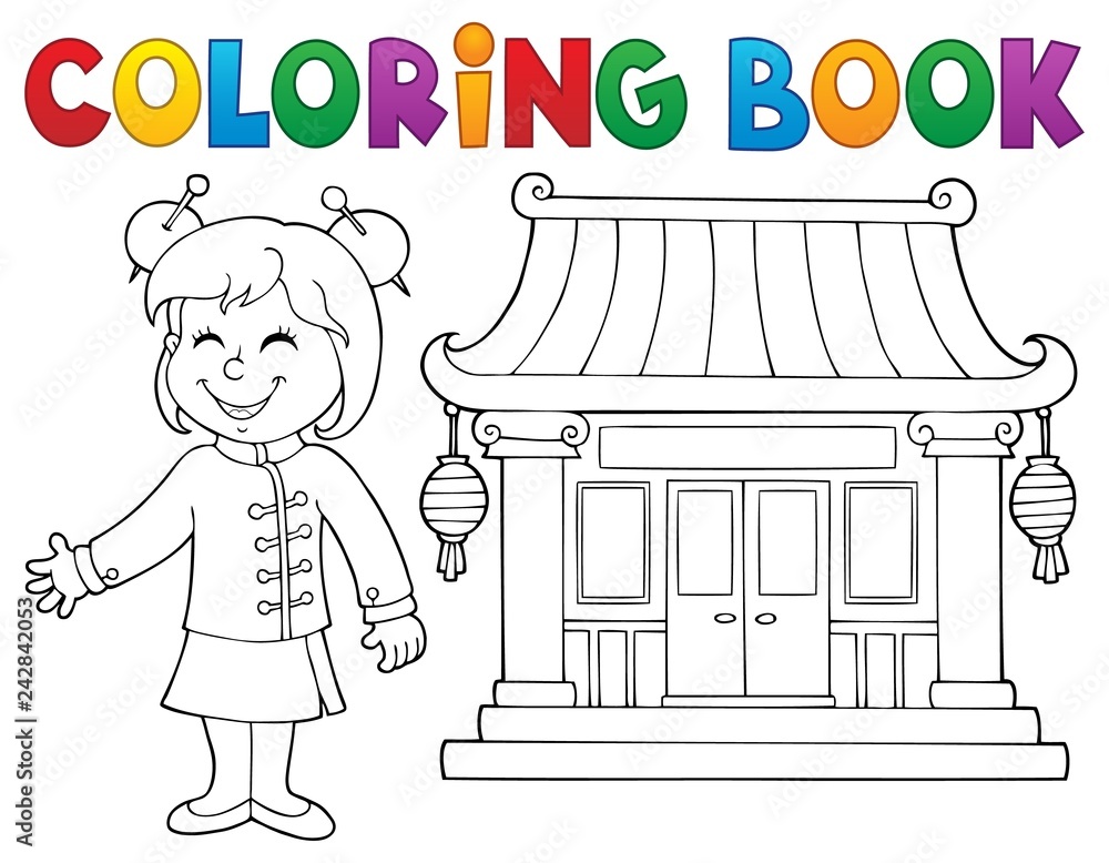 Coloring book girl by Chinese temple Stock Vector | Adobe Stock