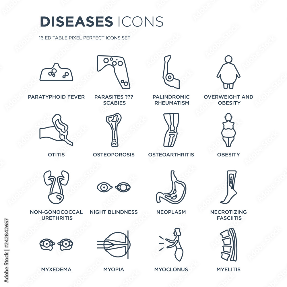16 linear Diseases icons such as Paratyphoid fever, Parasites ...