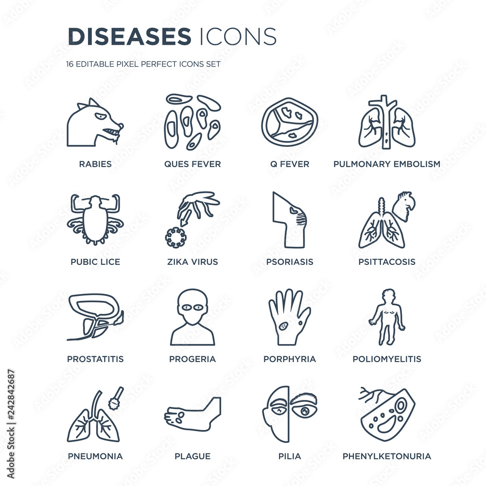 16 linear Diseases icons such as Rabies, Ques fever, Plague, pneumonia ...