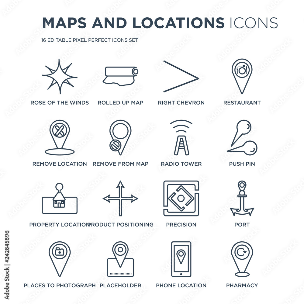 Vecteur Stock 16 linear Maps and Locations icons such as Rose of the ...