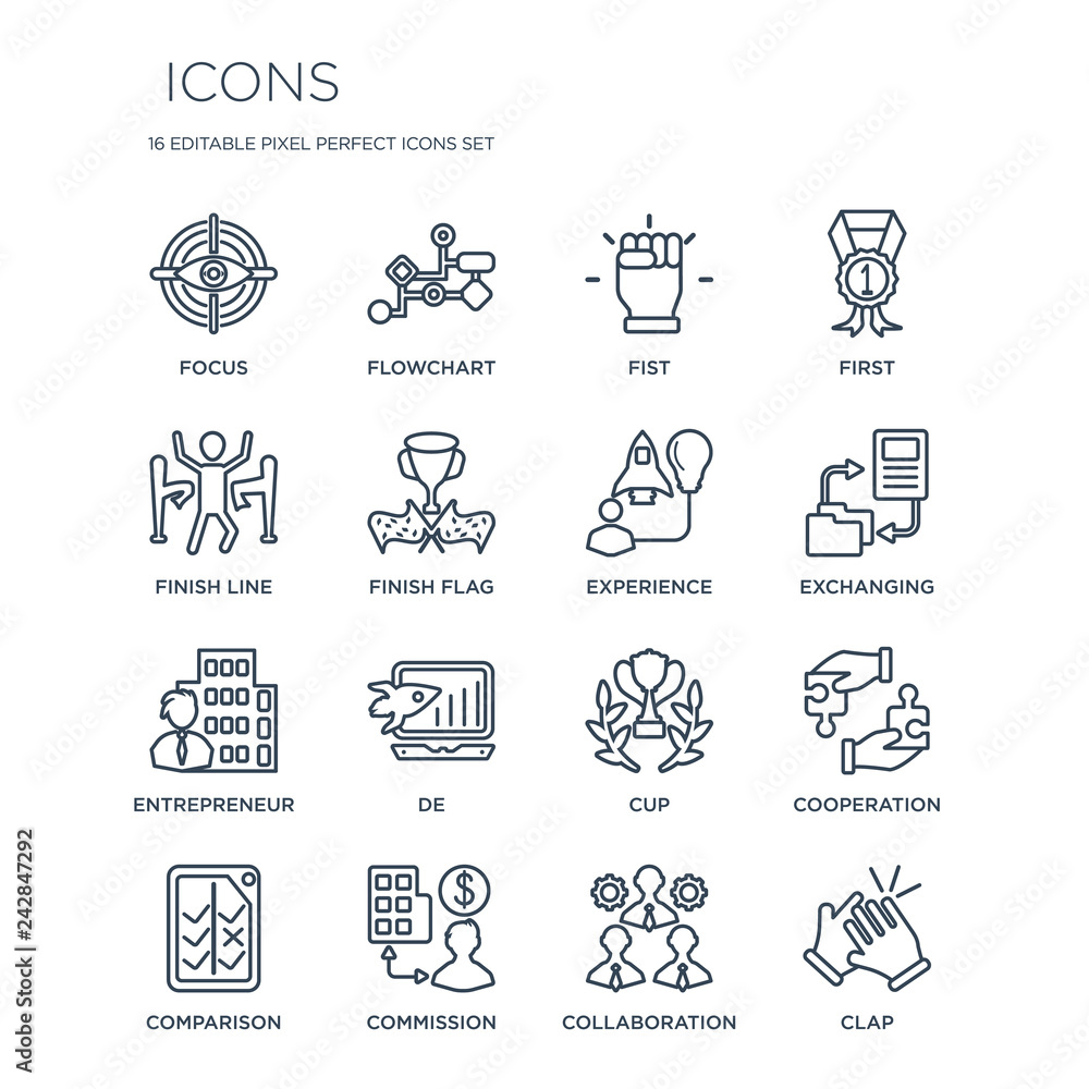 16 linear icons such as Focus, Flowchart, Commission, Comparison ...
