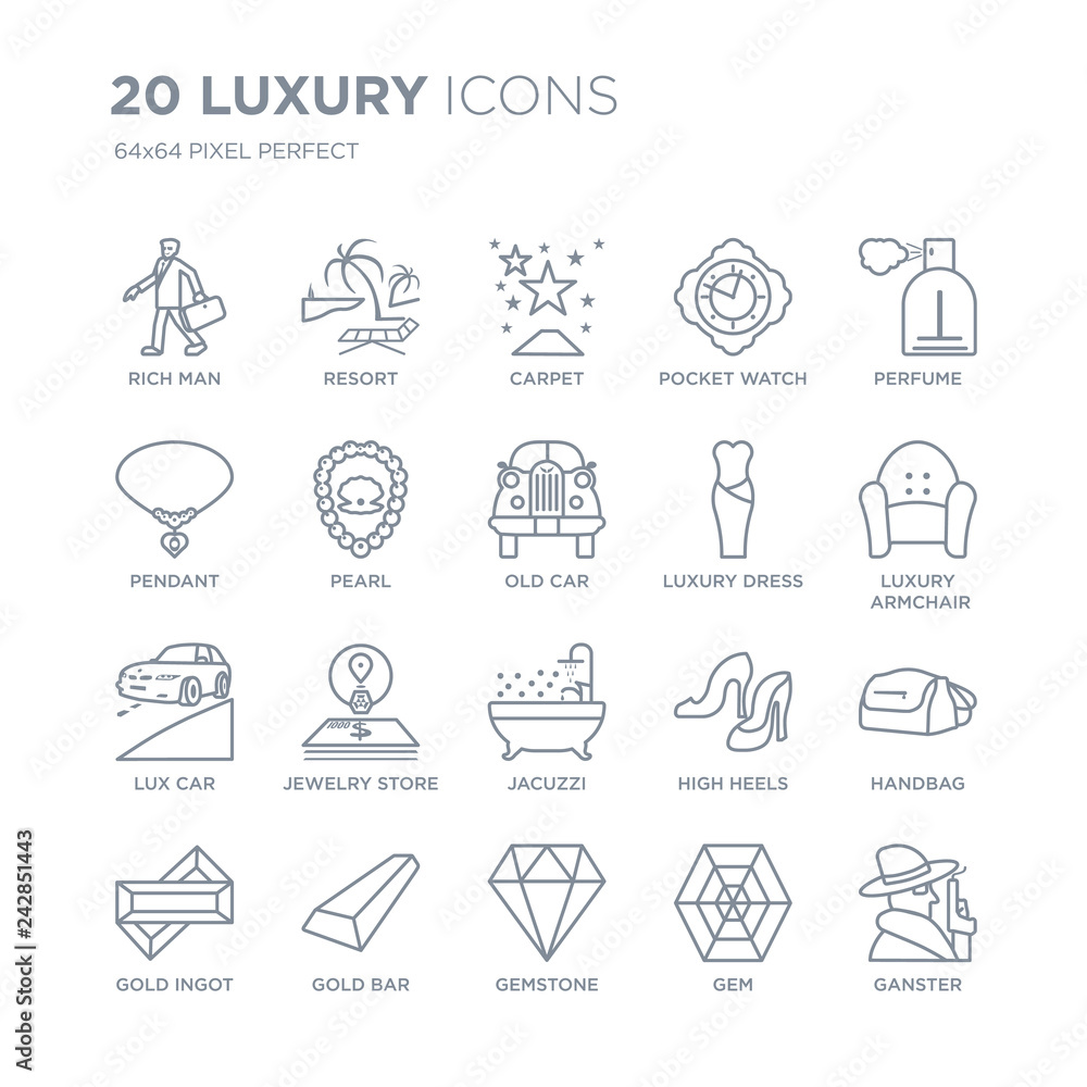 Vetor de Collection of 20 Luxury linear icons such as Rich man, Resort ...