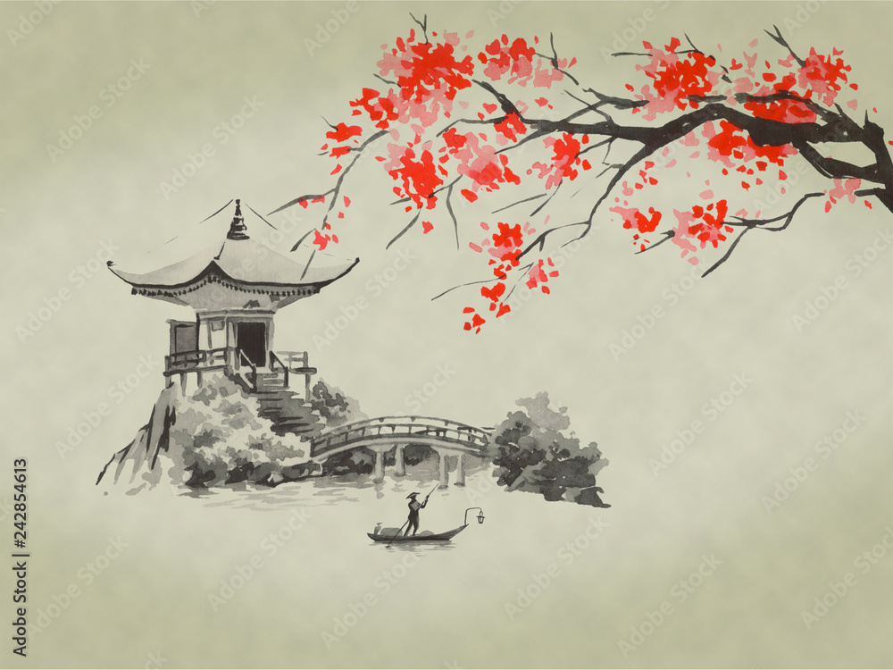 Japan traditional sumi-e painting. Fuji mountain, sakura, sunset. Japan ...