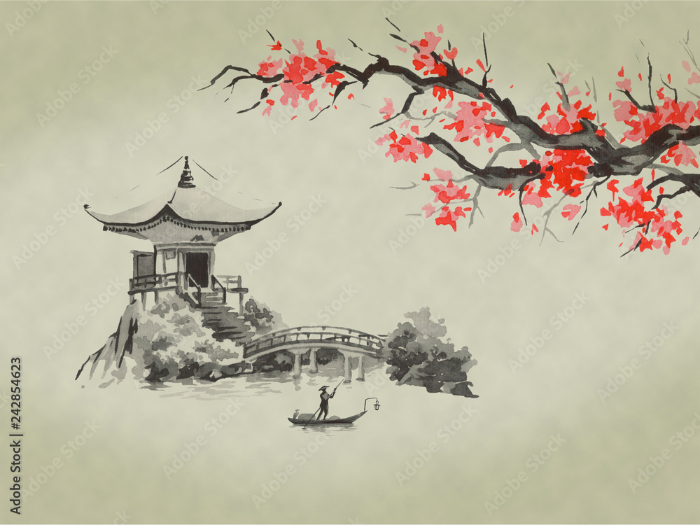Japan traditional sumi-e painting. Fuji mountain, sakura, sunset. Japan ...