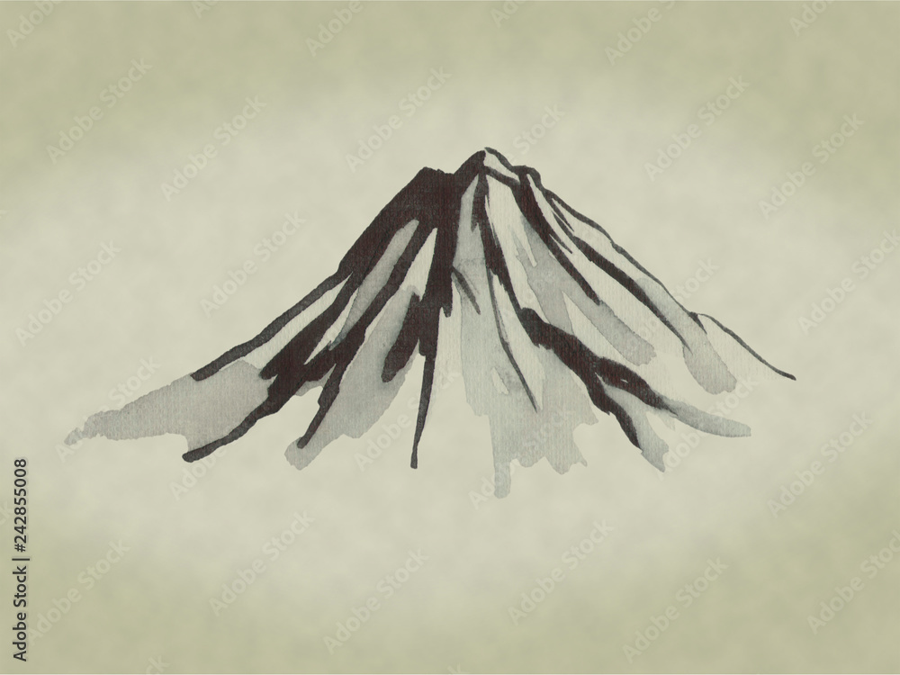 Japan traditional sumi-e painting. Fuji mountain, sakura, sunset. Japan ...