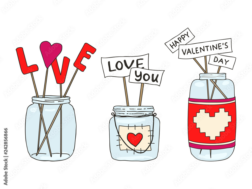 Set of hand drawn vector illustration of a mason jar with hearts and ...