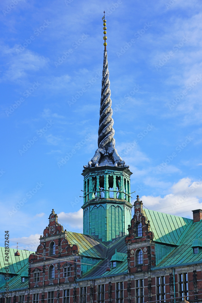 View of the landmark spire of the historic Stock Exchange ...